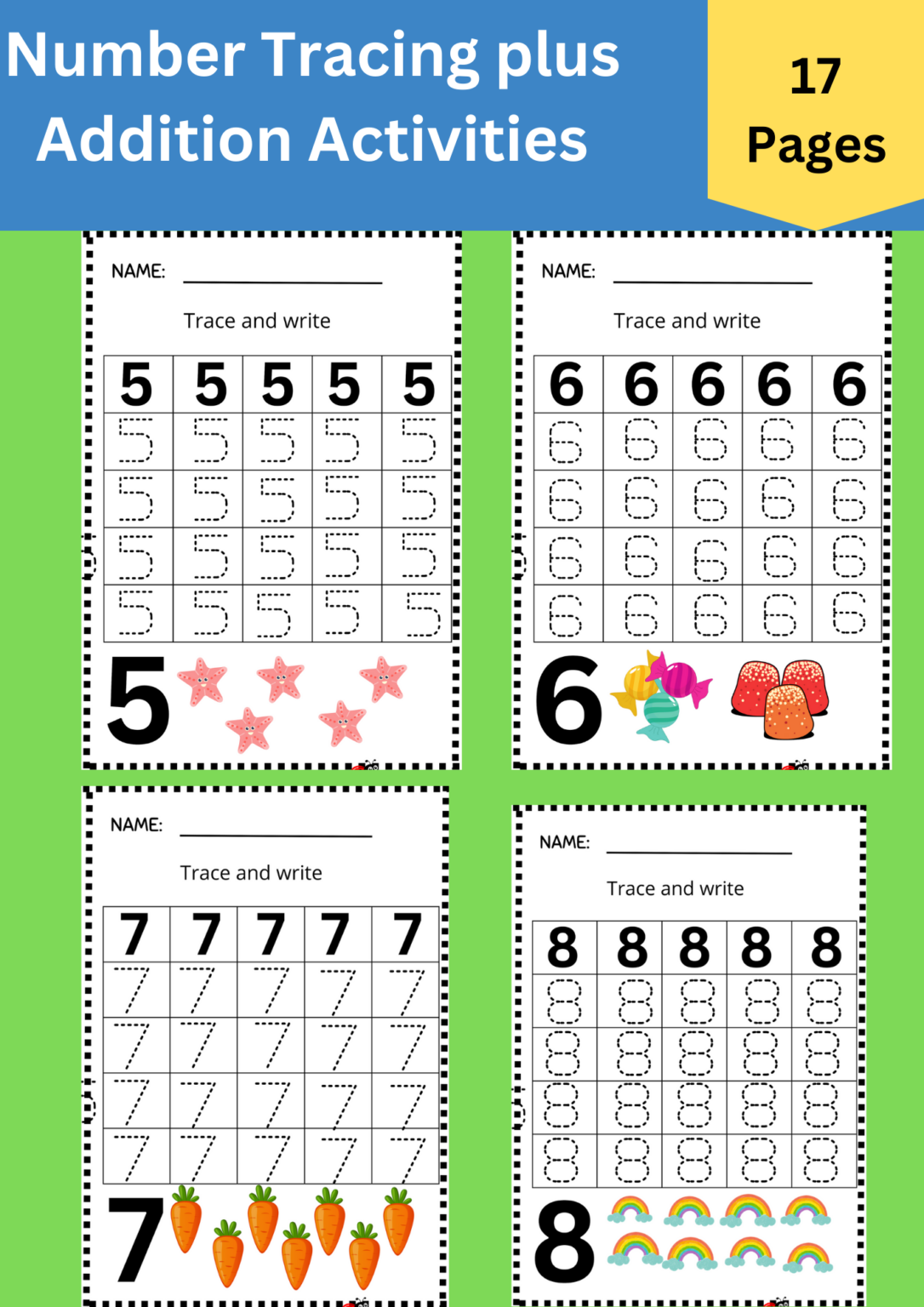 Number Tracing Worksheets 1 to 10 plus addition worksheets