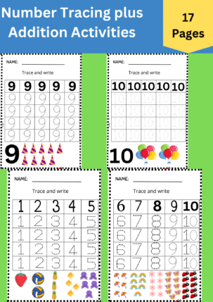 Number Tracing Worksheets 1 to 10 plus addition worksheets