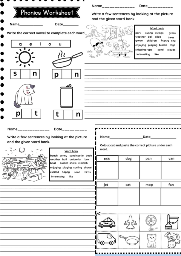 Summer Vacation Homework for Kindergarten Grade 1
