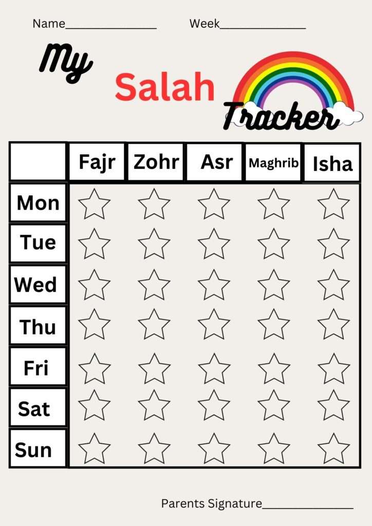 Salah Tracker for kids Free Download (PDF file) - Downloadable Worksheets