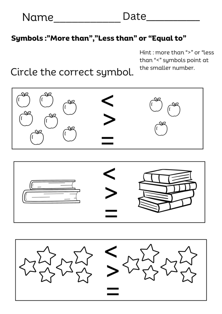 More or Less Worksheets for Kindergarten (17 Pages)