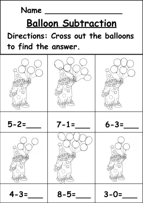Kindergarten balloon subtraction worksheet free