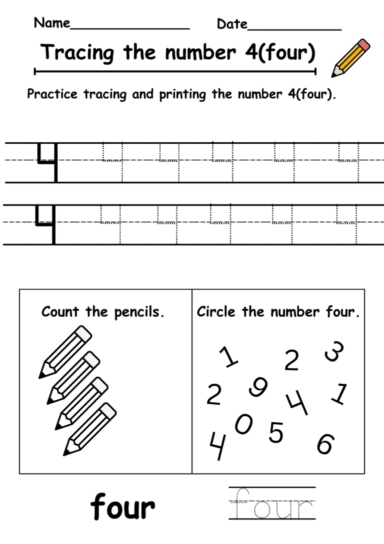 Tracing Number 4 Free Worksheet