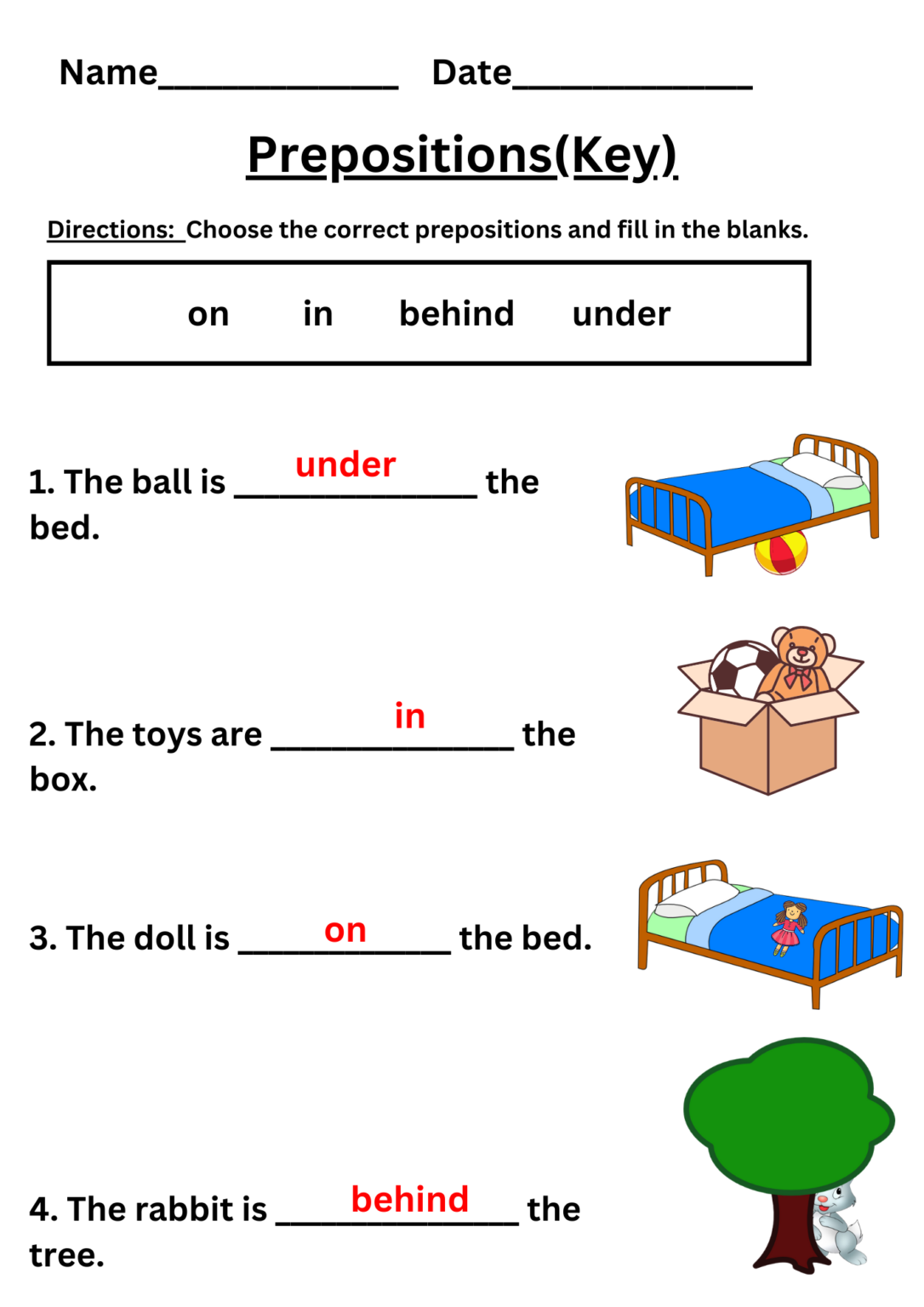 Preposition Worksheet for Kindergarten and Grade 1
