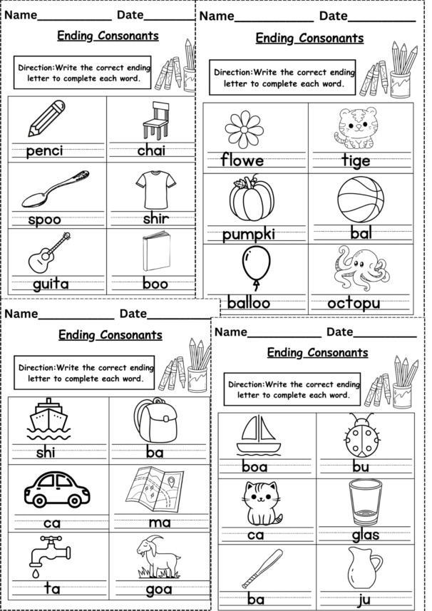 Ending Consonants Worksheets for kindergarten Grade 1