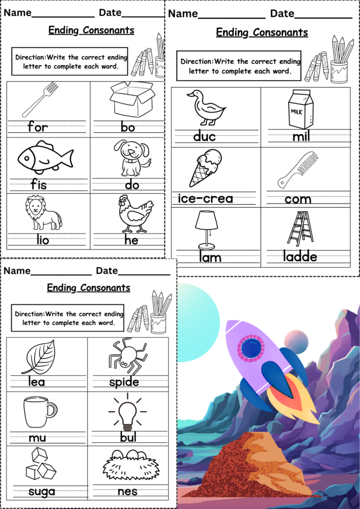 Ending Consonants Worksheets for kindergarten Grade 1