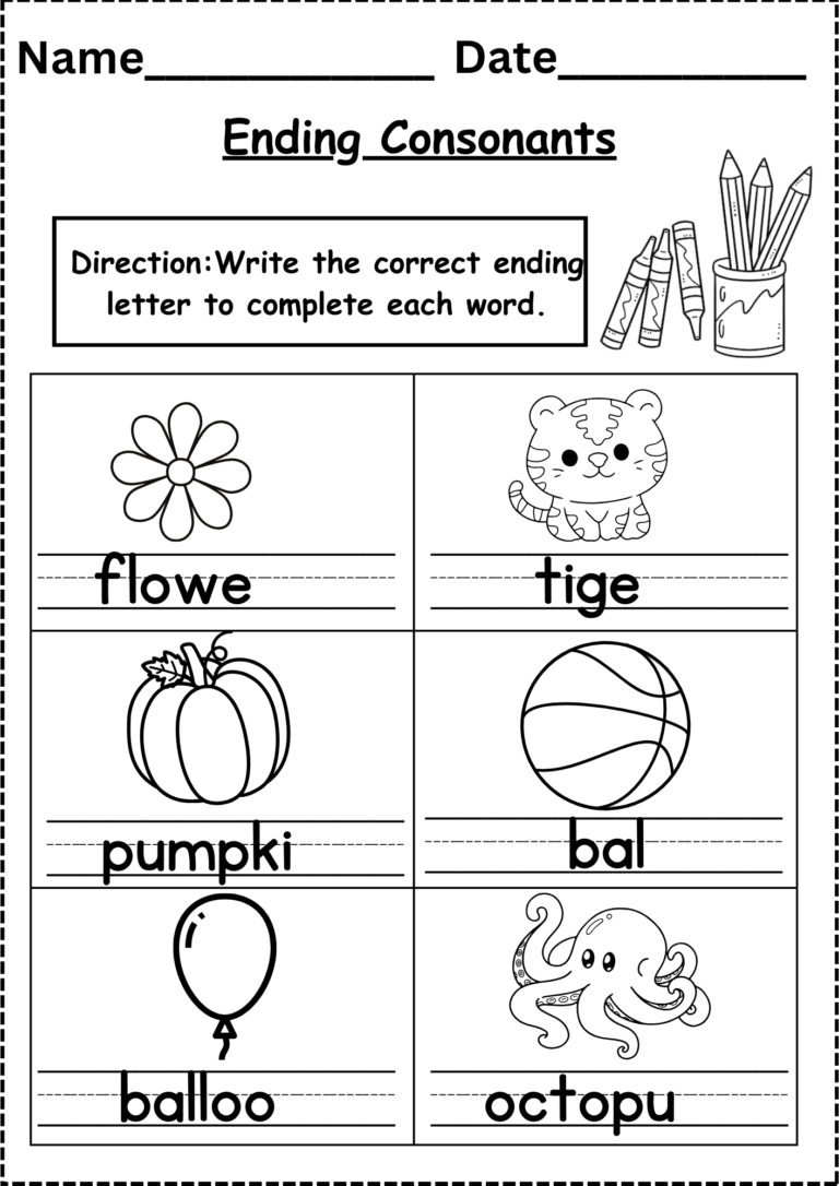 Ending Consonants Worksheets for kindergarten Grade 1