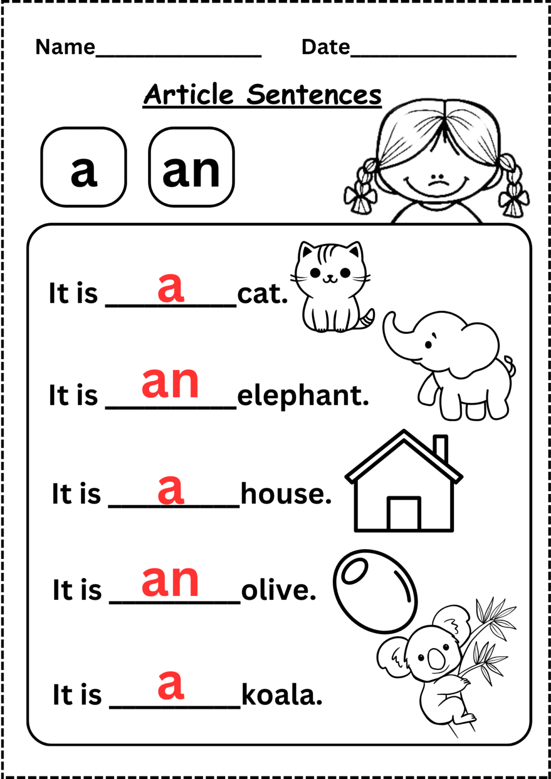a or an free worksheet for kindergarten