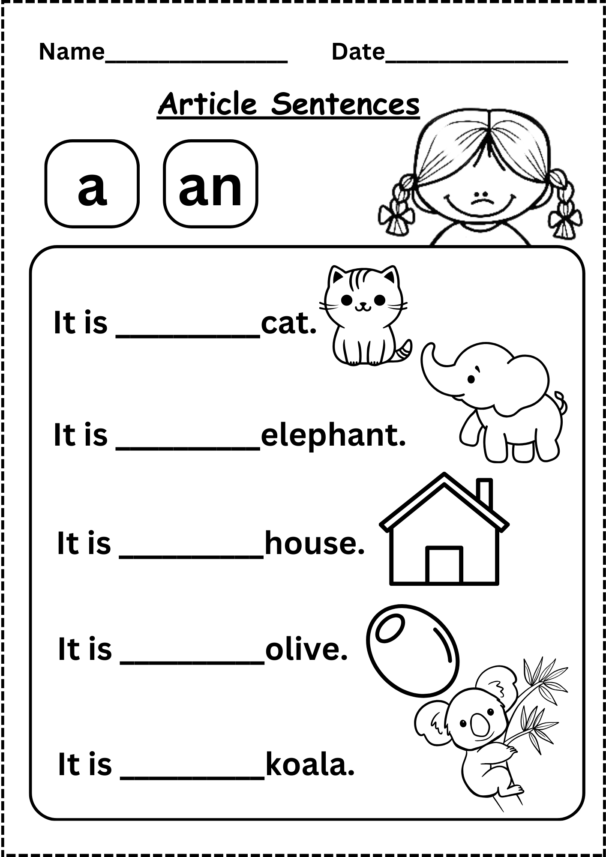 a or an free worksheet for kindergarten