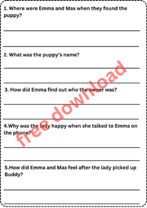 Reading Comprehension Grade 1 Free Worksheet – The Lost Puppy with 5 ...