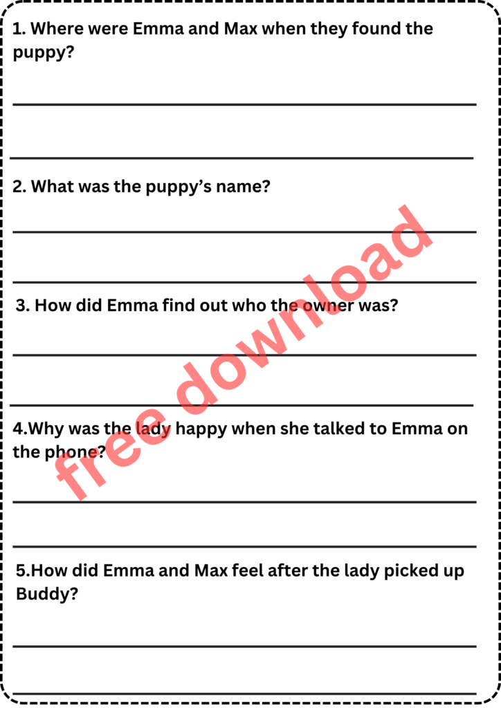 Reading Comprehension Grade 1 Free Worksheet – The Lost Puppy with 5 ...