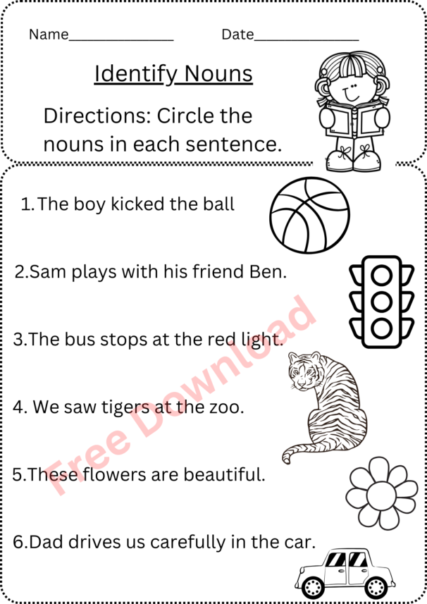 Circle the nouns in a sentence free worksheet