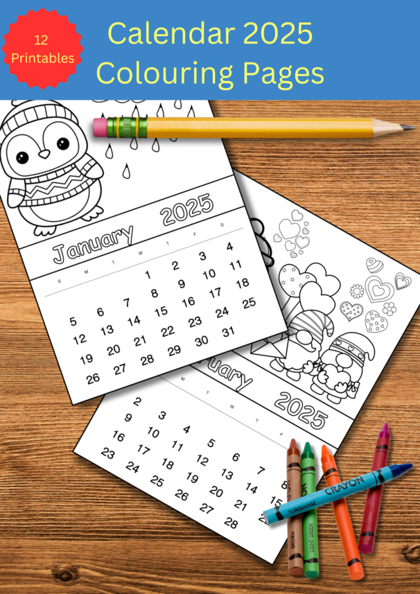 2025 Calendar for kids with colouring pages