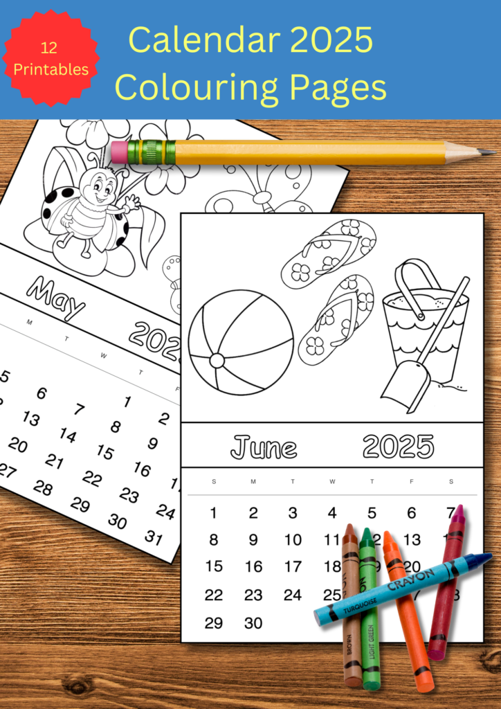 2025 Calendar for kids with colouring pages