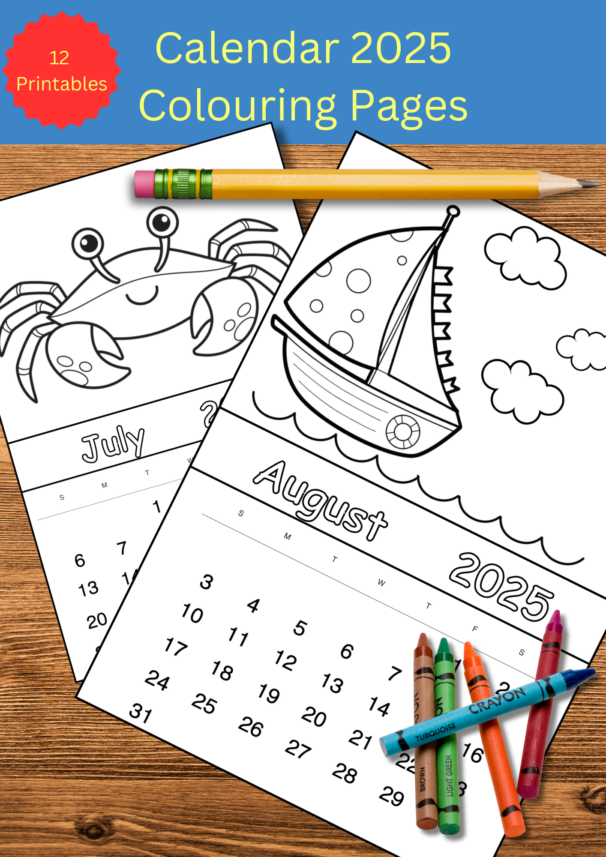 2025 Calendar for kids with colouring pages