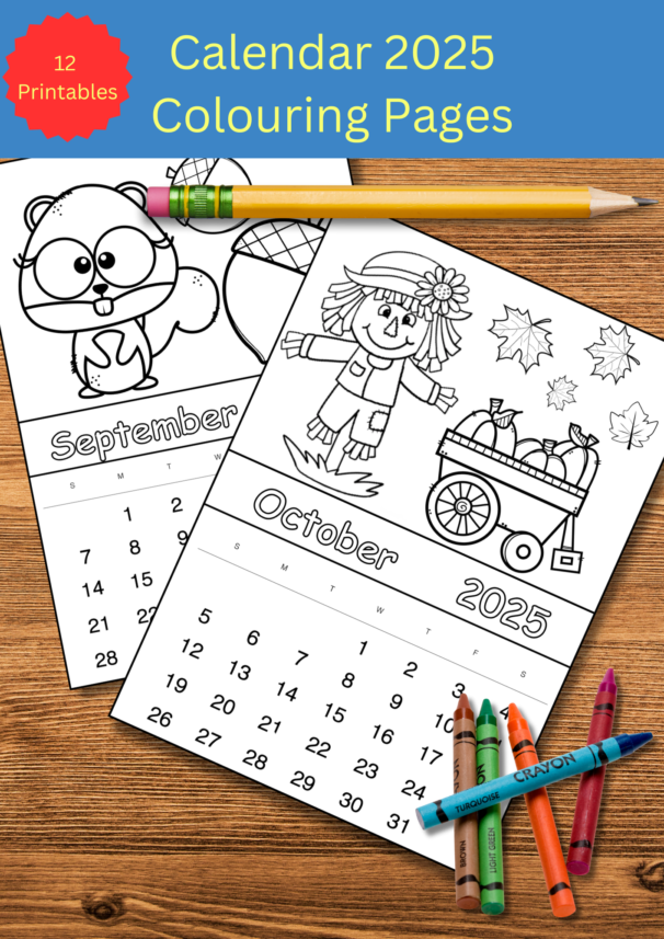 2025 Calendar for kids with colouring pages