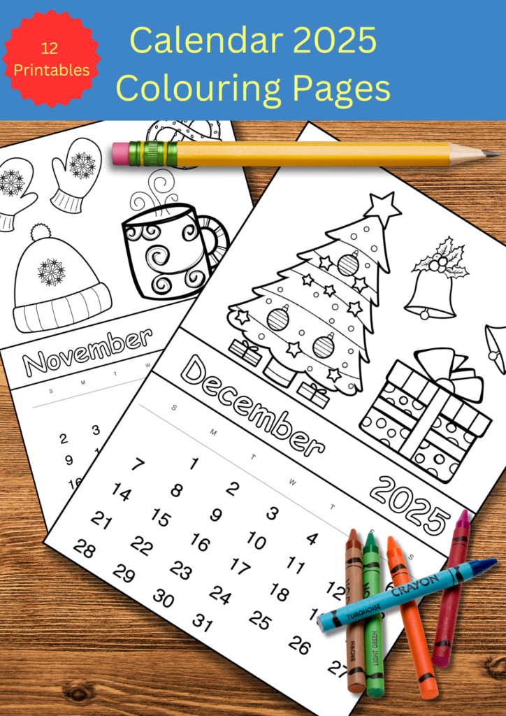 2025 Calendar for kids with colouring pages