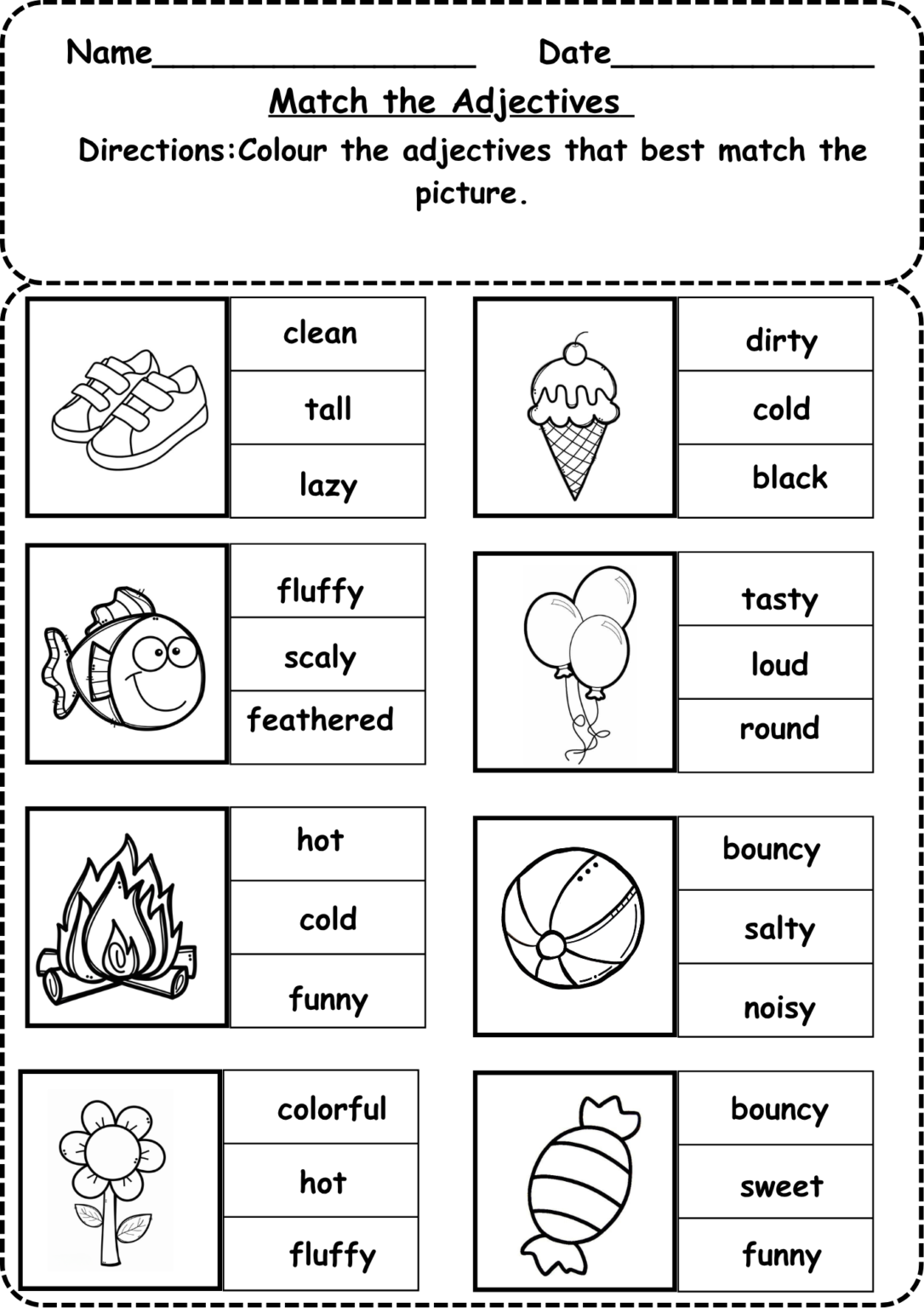Color the Adjective Worksheet – Free Printable for Grade 1