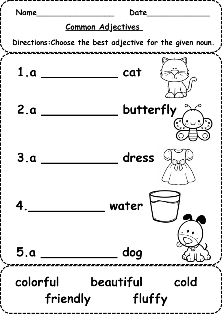 Free Adjective Worksheets – Color, Choose & Match Adjectives