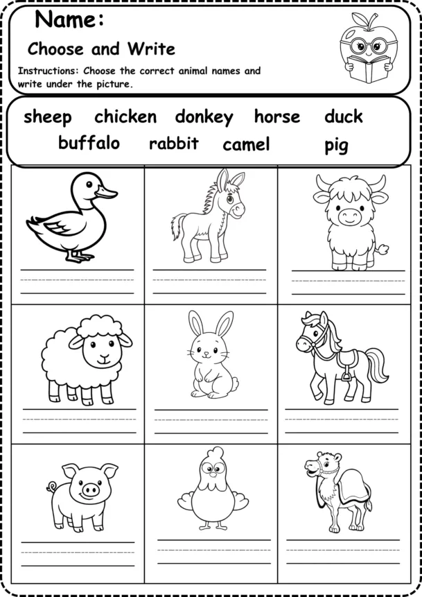 Choose and Write farm animals worksheet for Kindergarten (Free Printable)
